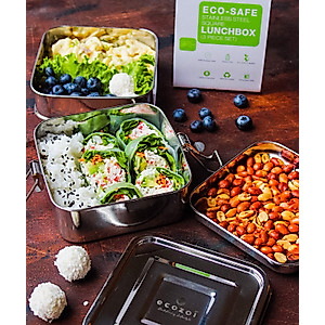 ecozoi Stainless Steel Lunch Box, 3-in-1 Eco Friendly Stackable Bento Box, Plastic Free Meal Prep Food Container, With Bonus Inner Tray, Square (1500 ml or 50 oz)