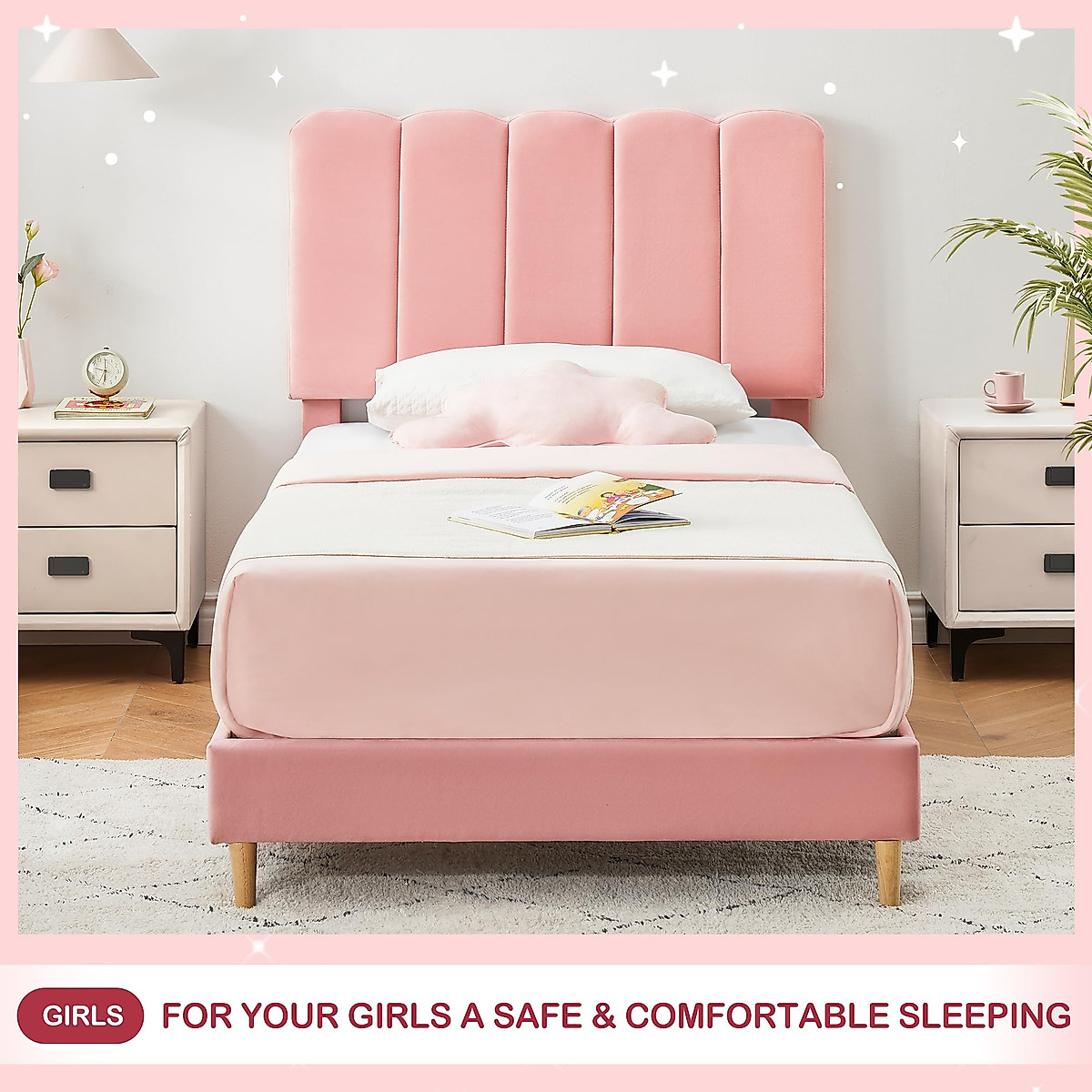 GAOMON Pink Twin Bed Frame, Velvet Upholstered Platform Bed Frame with Headboard, Strong Wooden Slats, Noise-Free,No Box Spring Needed, Easy Assembly (Pink)