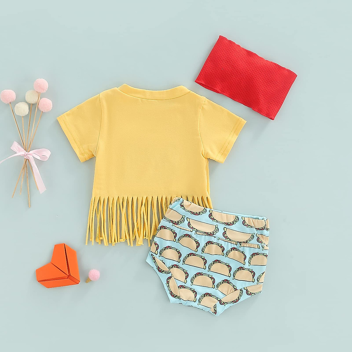 Newborn Infant Baby Girl Outfit 3pcs Letter Print Western Clothes Sets Short Sleeve Tassel T-Shirts Shorts (Yellow, 0-6 Months)