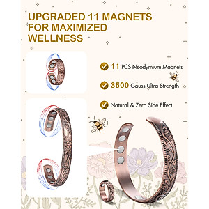 Feraco Copper Bracelet & Lymphatic Drainage Rings for Women, Vintage Flower Copper Magnetic Cuff Bangle, 99.99% Pure Copper with Neodymium Magnets, Adjustable with Gift Box