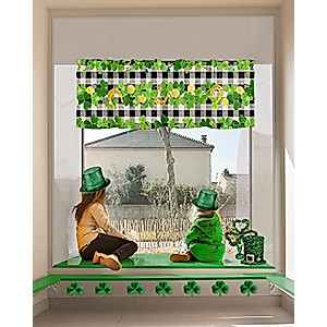 Curtain Valance for Windows St. Patrick's Day Clover Leaf Horseshoe Gold Kitchen Valances Rod Pocket Short Curtains,Black White Plaid Window Treatment Panel for Living Room Bathroom Bedroom 42x12in