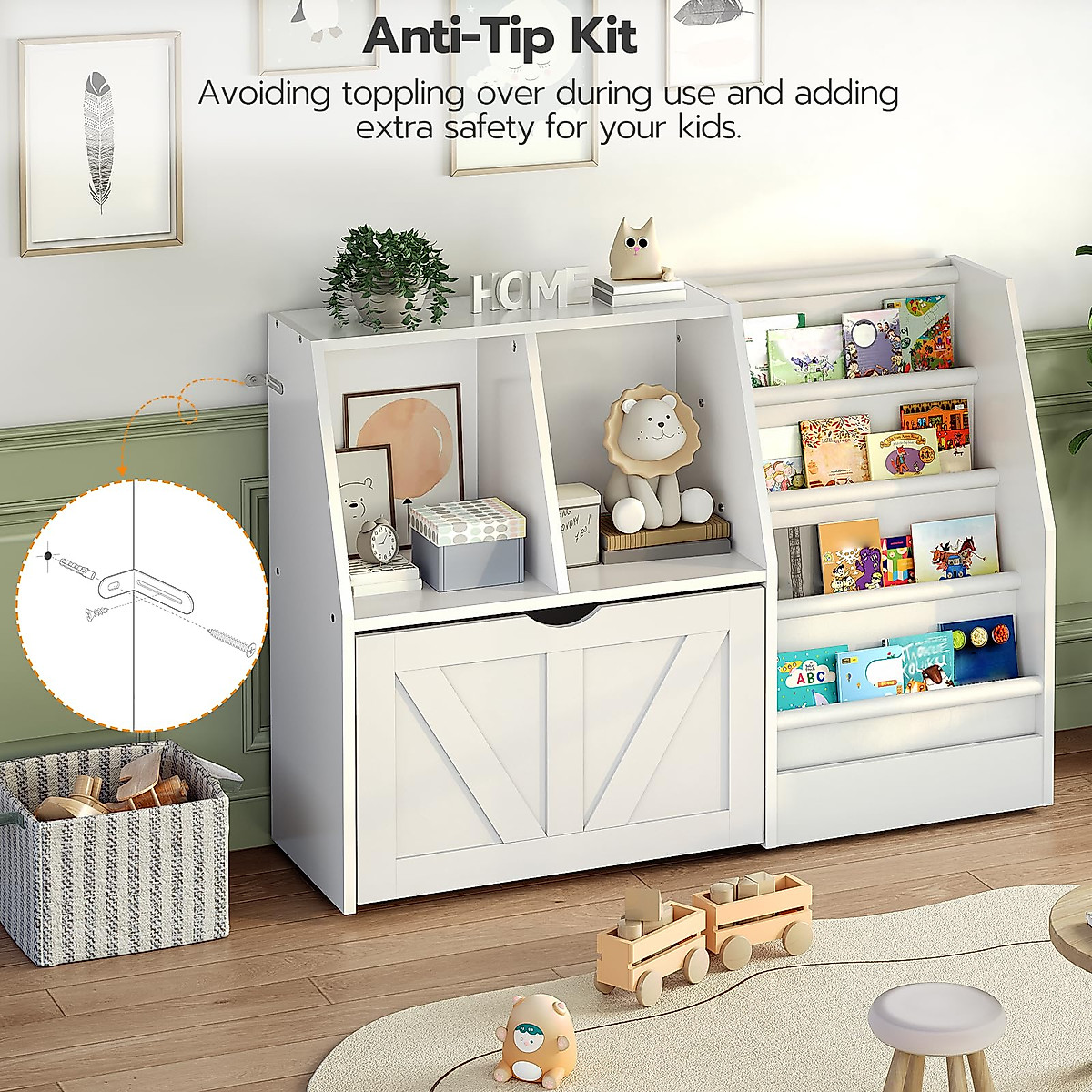 Kids Bookshelf, Four Layer Sling Bookcase, Toddler Storage Book Rack, Toy Organizer Shelves with Movable Drawer, Toy Organizer Cabinet, Book Display, for Playroom, Nursery, Kids Room, White WT112CW01