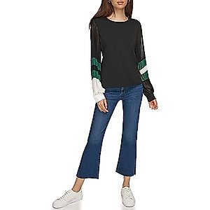 Karl Lagerfeld Paris Women's Long Sleeve Pleated Blouse, Black