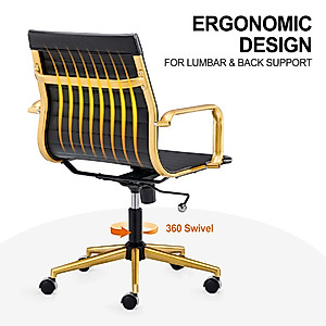 LUXMOD Leather Office Chair in Black, Gold Ergonomic Home Office Desk Chair with Armrests, Mid Back Leather Office Chair for Back Support, Adjustable Black and Gold Chair (1pcs)