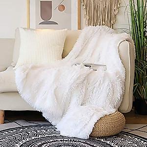 Decorative Extra Soft Faux Fur Throw Blanket 50" x 60",Solid Reversible Fuzzy Lightweight Long Hair Shaggy Blanket,Fluffy Cozy Plush Fleece Comfy Microfiber Fur Blanket for Couch Sofa Bed,Pure White