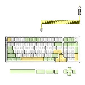 A.JAZZ AK992 99Keys Hot Swappable,Bluetooth/2.4G/Wired,Gasket Mount,RGB Backlight,Mechanical PC Gaming Keyboard,Coiled USB C Cable,Custom Clicky Switch,Knob Control,PBT Keycaps(Spring Green)