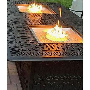 Sunvuepatio 7 Piece Outdoor Cast Aluminum Dining Set with Fire Pit Table All Swivel Rocker Chairs.