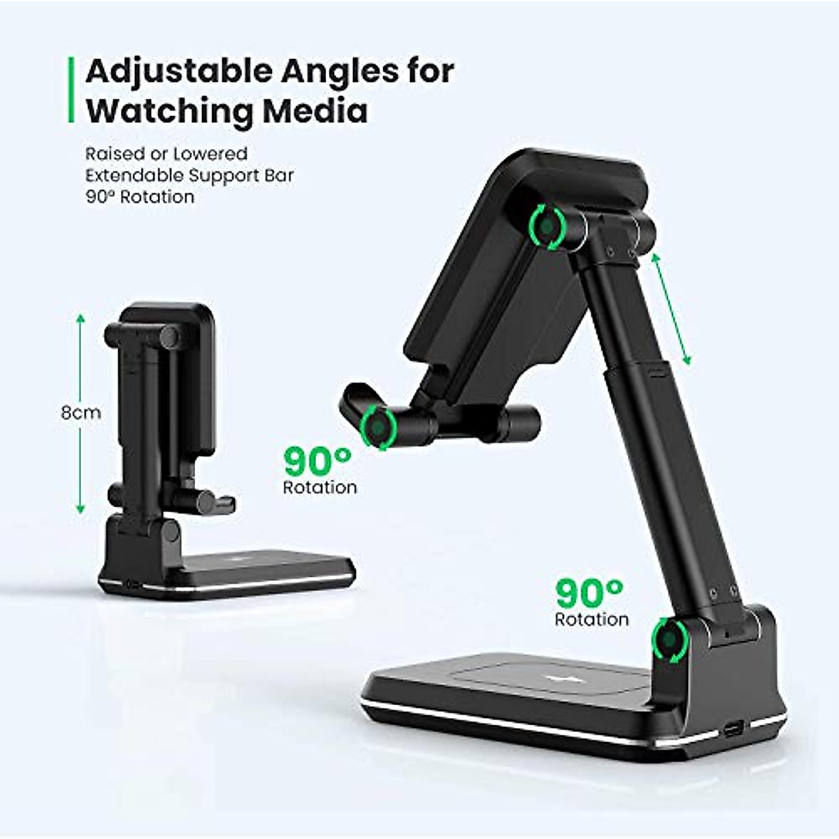 Wireless Charging Phone Stand, 2 in 1 Foldable Desktop Cell Phone Tablet Stand,10W Max Qi-Enabled Wireless Charging Multi-Angle Adjustable Metal Phone Holder for iPhone 13/12/11//Pro/XR/XS/8,AirPods