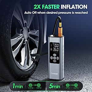 Cocosun Tire Inflator Portable Air Compressor, 2X Faster Inflation [9400mAh Battery & 12V DC Cord] Car Tire Pump with LCD Dual Display, 150PSI Electric Air Pump for Car SUV MPV RV Bike Ball,Grey