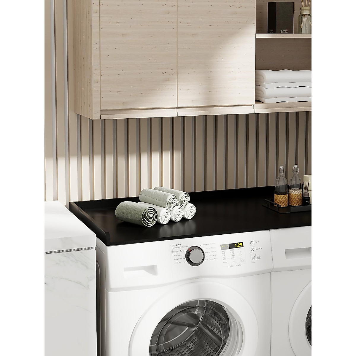 Toemics Washer Dryer Countertop, 27.5" x 54" Laundry Room Organization Shelf with Edge Rails for Washer and Dryer, Durable Melamine Finish, Non-Slip Pads, and 3 Laundry Bags, Black