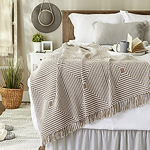 DII Square Woven Throw with Decorative Fringe 100% Cotton, Stylish and Functional, 50x60, Stone