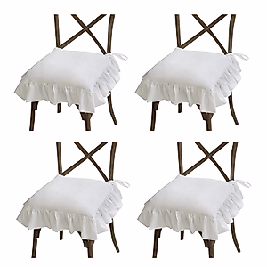4 Pack Chair Pads for Dining Chairs with Ruffled, Vintage Seat Cushion with Ties Non Slip Kitchen Chairs Cushion Pads Soft Cotton Washable (Pure White,40*40cm/15.7*15.7in)