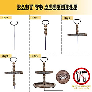 INNSETUU Tiered Tray with Wooden Beads Garland, Tiered Tray Stand, Two Tiered Tray, 2 Tier Tray, 2 Tiered Farmhouse Stand, 2 Tiered Tray, Wooden Tiered Tray for Home Kitchen Dessert Fruit Brown