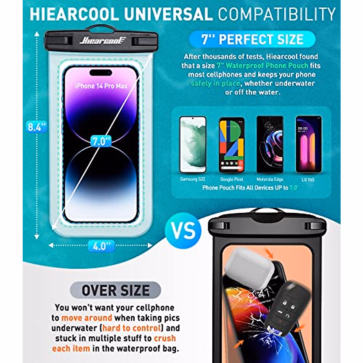 Hiearcool Universal Waterproof Phone Pouch, Waterproof Phone Case Compatible for iPhone 14 13 12 11 Pro Max XS Plus Samsung Galaxy S22 Cellphone Up to 7.2", IPX8 Cellphone Dry Bag for Vacation-4 Pack