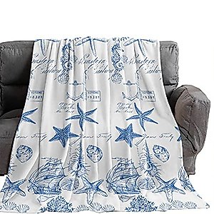 ERXPOOD Flannel Fleece Blankets, Soft Warm Throw Blanket Ocean Underwater Marine Life Starsfish Shell Lightweight Sofa Bedspread Throws for Couch/Bed/Living Room Bedroom Nautical Sailboat Anchor