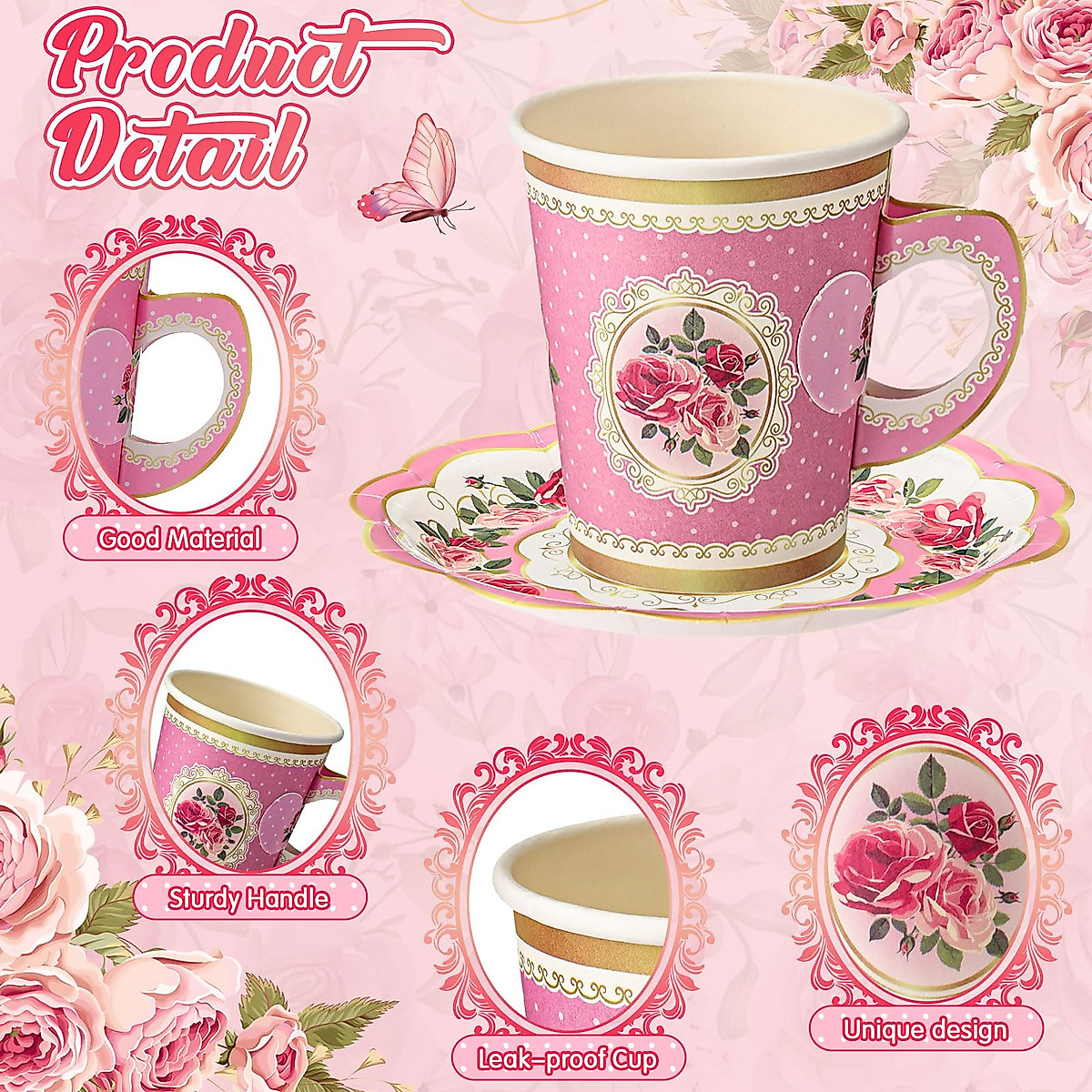Tioncy 100 Pcs Tea Party Decorations Include 50 Pieces 9 oz Floral Paper Tea Cups with Handle and 50 Plates Disposable Blossom Teacups and Saucers Sets for Girls Birthday (Floral)