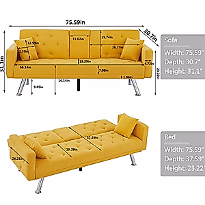 mikibama 76 Inch Futon Sofa Bed with Cup Holders, Linen Convertible Folding Futon Couch with Adjustable Backrest and Throw Pillows for Living Room, Tufted Sleeper Sofa with Metal Legs (Yellow)