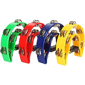 FengWu 4 Pack 9" Half Moon Handheld Tambourine Metal Jingles Tambourines for adults - Double Row, Plastic Musical Percussion Tambourines Music Rhythm Tambourine (Multicolor)