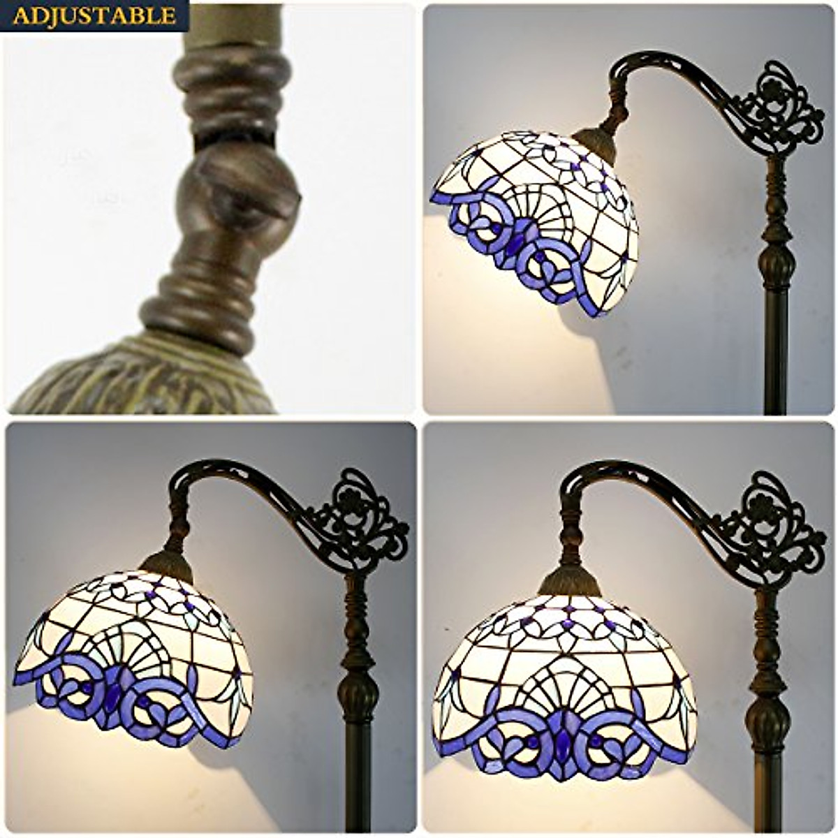 WERFACTORY Tiffany Floor Lamp Navy Blue White Stained Glass Arched Lamp 12X18X64 Inches Gooseneck Adjustable Corner Standing Reading Light Decor Bedroom Living Room S003B Series