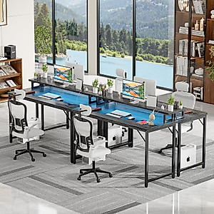 iSunirm 47 inch Computer Desk with Power Outlets, Gaming desk with LED Lights, Home Office Work Desk with Monitor Shelf, Modern Office Desk Study Writing Table for Small Spaces, Black Oak