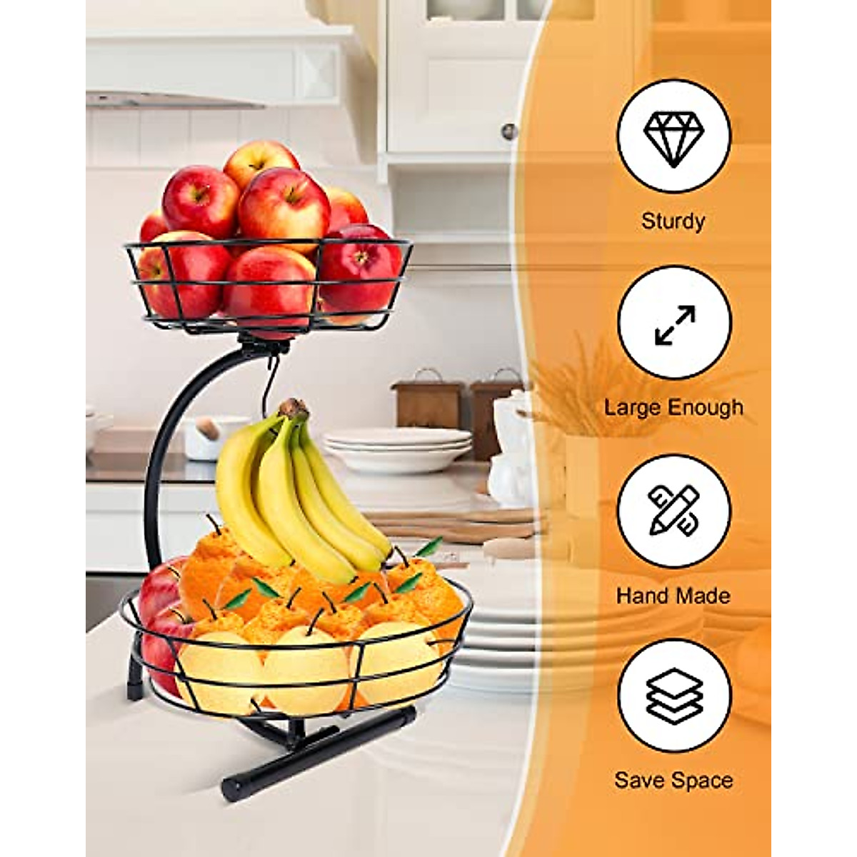 covsus 2 Tier Countertop Fruit Basket Bowl with Banana Hanger for Kitchen Counter, Wire Fruit Stand Holder for Fruits Vegetable Storage, Black