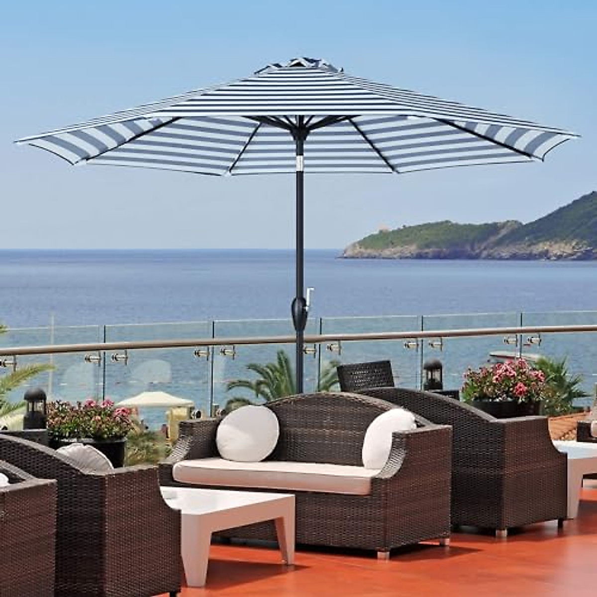Tempera 9ft Patio Market Outdoor Table Umbrella with Push Button Tilt and Crank,Large Sun Umbrella with Sturdy Pole&Fade resistant canopy,Easy to set, Blue White Stripe