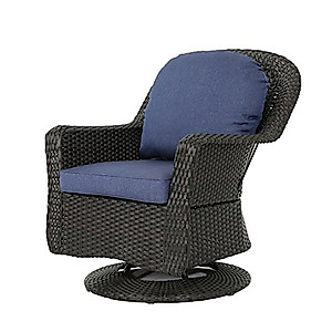 Christopher Knight Home Liam Outdoor Wicker Swivel Club Chairs with Water Resistant Cushions, 2-Pcs Set, Dark Brown / Navy Blue