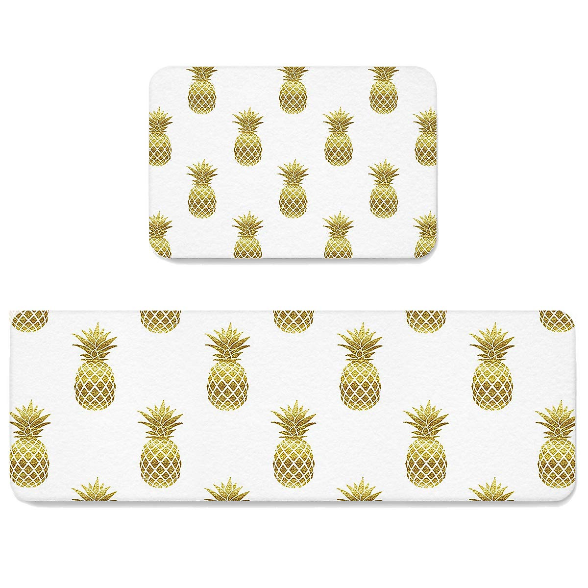 Kitchen Mat Set of 2, Gold Fruit Pineapple Filling Non Slip Kitchen Rugs and Mats for Floor, White Absorbent Bath Runner Rug Set Washable Floor Mats for Home Entrance/Kitchen Sink/Bathroom Tub