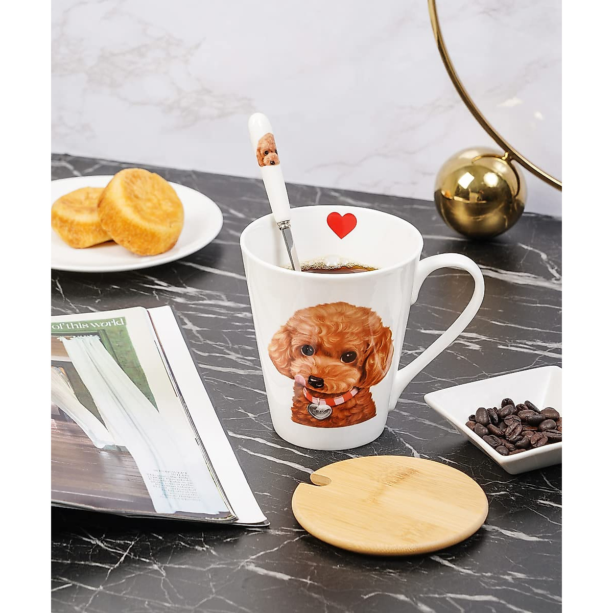 Pet Portrait Porcelain Water Cup w Lid & Spoon (Poodle(Red))