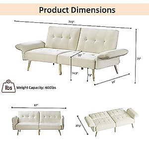 Anwick Velvet Convertible Futon Sofa Bed, Memory Foam Futon Couch Sleeper Sofa, 77.5''Modern Loveseat Sofa with Adjustable Backrest and Armrests for Home Living Room Office (Beige)