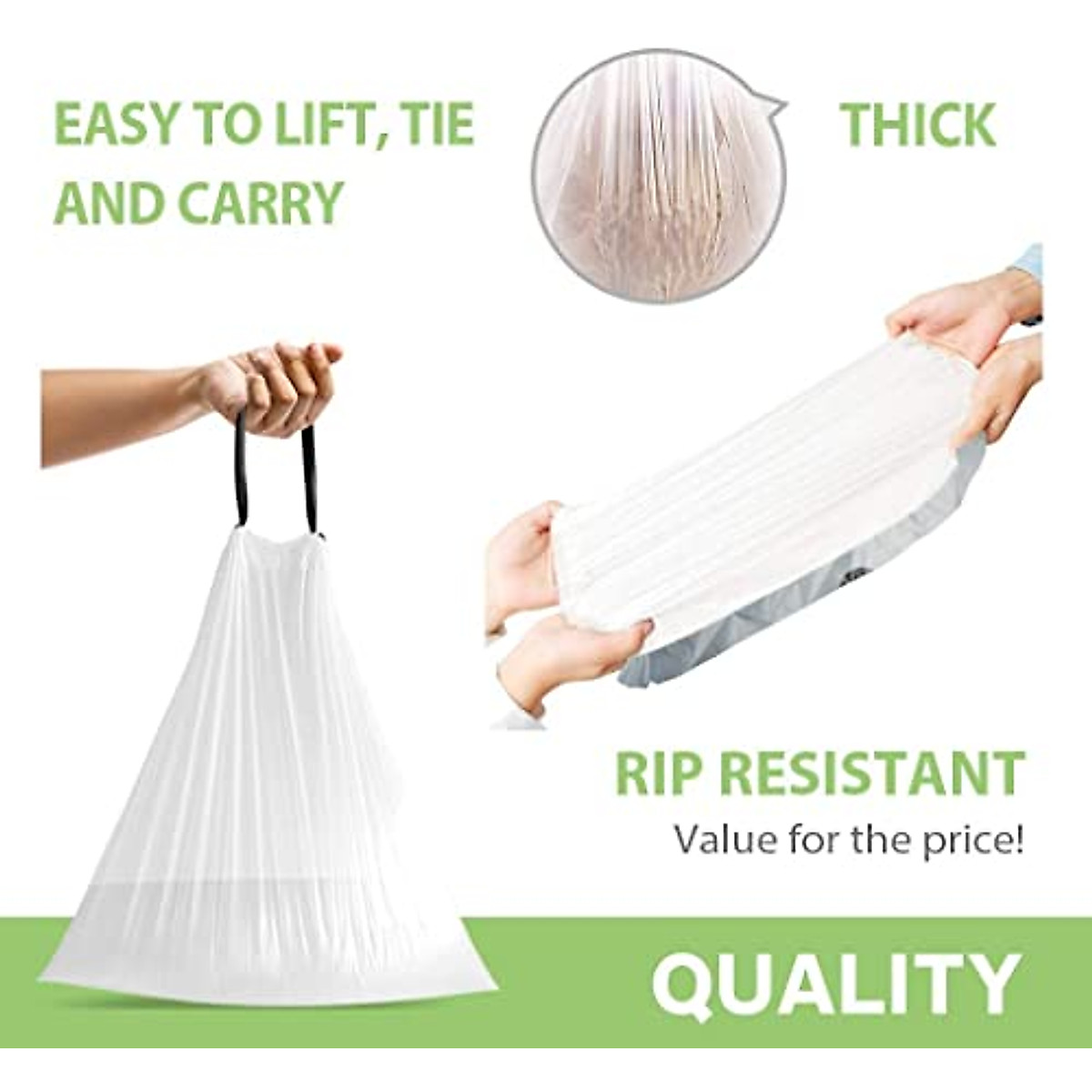 4 Gallon 60 Counts Strong DrawstringTrash Bags Garbage Bags by Teivio, Bathroom Trash Can Bin Liners, Small Plastic Bags for home office kitchen, White