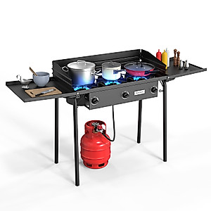 ROVSUN 3 Burner Gas Stove with 2 Side Shelves, 225,000BTU Portable Propane Stove with Removable Leg, Wind Panel, Regulator for Camping Home Backyard Outdoor Cooking Brewing Canning Turkey Frying