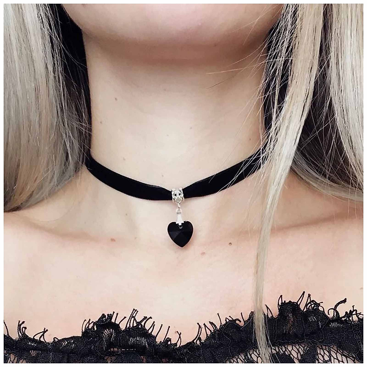 Yheakne Punk Black Velvet Choker Necklace Love Heart Pendant Necklace Vintage Black Satin Choker Necklace Gothic Retro Leather Collar Necklace Chain Jewelry for Women and Girls Prom Party Gifts