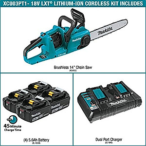 Makita XCU03PT1 18V X2 (36V) LXT Lithium-Ion Brushless Cordless 14" Chain Saw Kit with, 4 Batteries (5.0Ah)