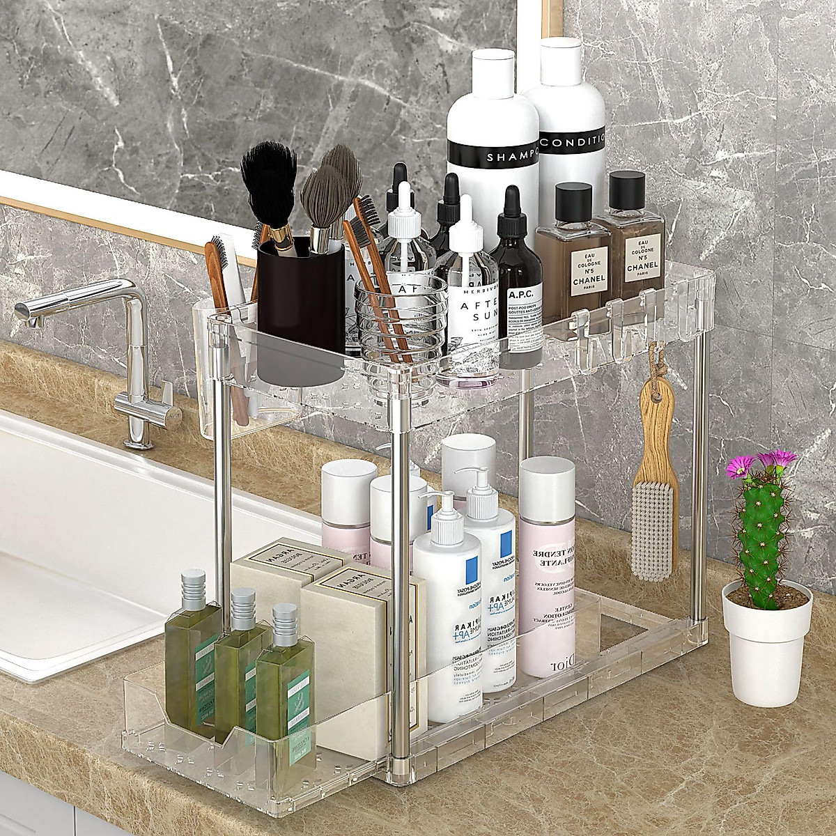 Gbasics Under Sink Clear Organizer and Storage, Pull Out Cabinet Organizer with Sliding Drawer 2 Tier Multi-Purpose Bathroom Shelf Organizer for Kitchen Bathroom Storage