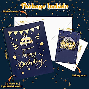 INPHER Large Birthday Card Light and Music Pop Up Happy Birthday Card Musical Birthday Gift Greeting Cards Birthday Cards for Mom, Dad, Husband, Wife, Sister, Navy Blue