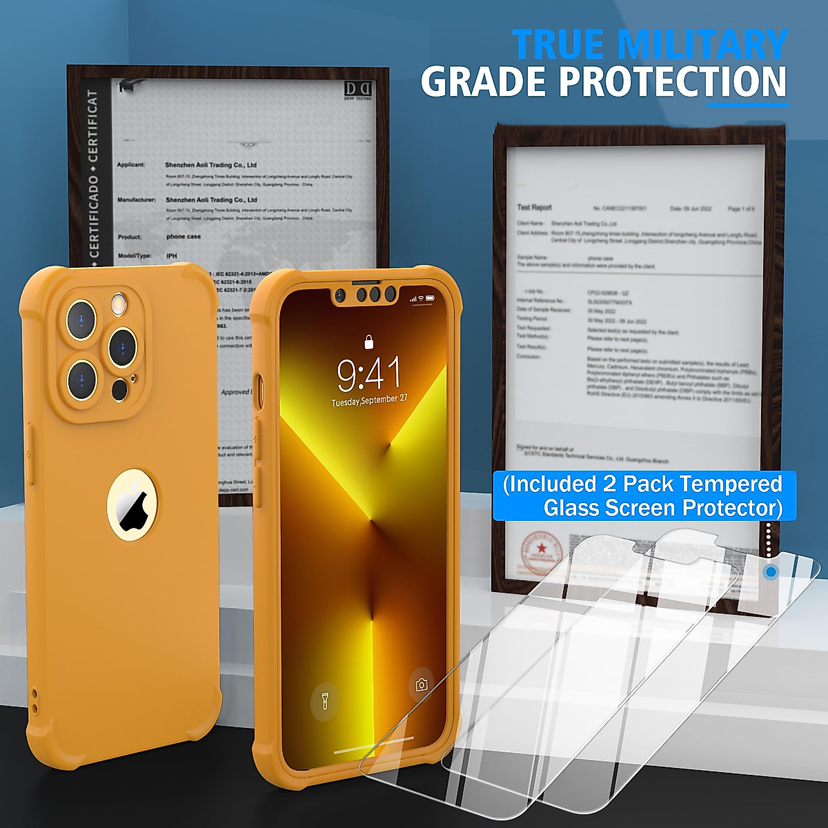 ORETECH for iPhone 13 Pro Max Case, with [2 x Screen Protectors] [15 Ft Military Grade Drop Test] [Camera Protection] 360° Shockproof Slim Thin Phone Case for iPhone 13 Pro Max Cover 6.7" - Yellow