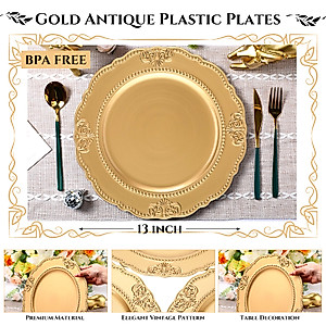 Nuanchu 18 Pack Gold Charger Plates 13 Inch Scalloped Dinner Plates with Bead Rim Embossed Plastic Chargers for Dining, Wedding, Banquets, Party, Event, Anniversary, Holidays Decoration