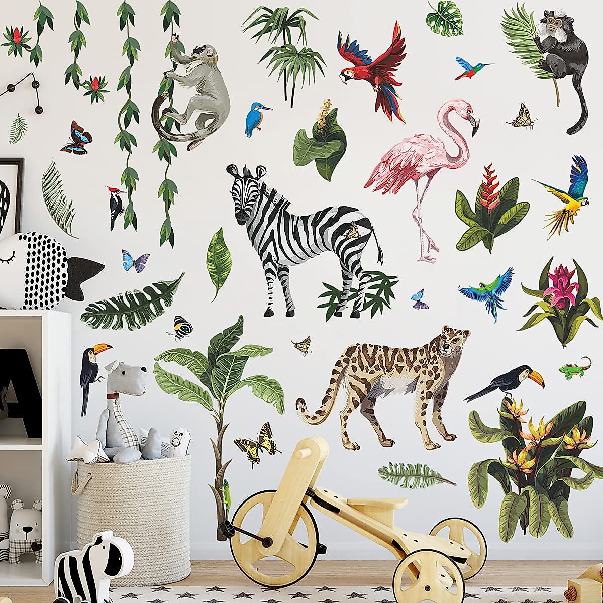 Amaonm Removable 3D Nature Wildlife Animals with Plants Green Leaves Tree Vine Wall Sticker Monkey Birds Leopard Peel and Stick Decor Wall Decals for Home Wall Kids Baby Bedroom Living Room Nursery
