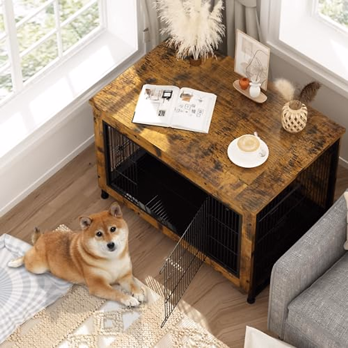 Lamerge Wooden Dog Crate Furniture for Large Dog, Heavy Duty Dog Crate End Table with Pull-Out Tray, 3-Door Dog Kennel, Indoor Pet Furniture, 44.3" L x 28.7" W x 31.9" H, Brown