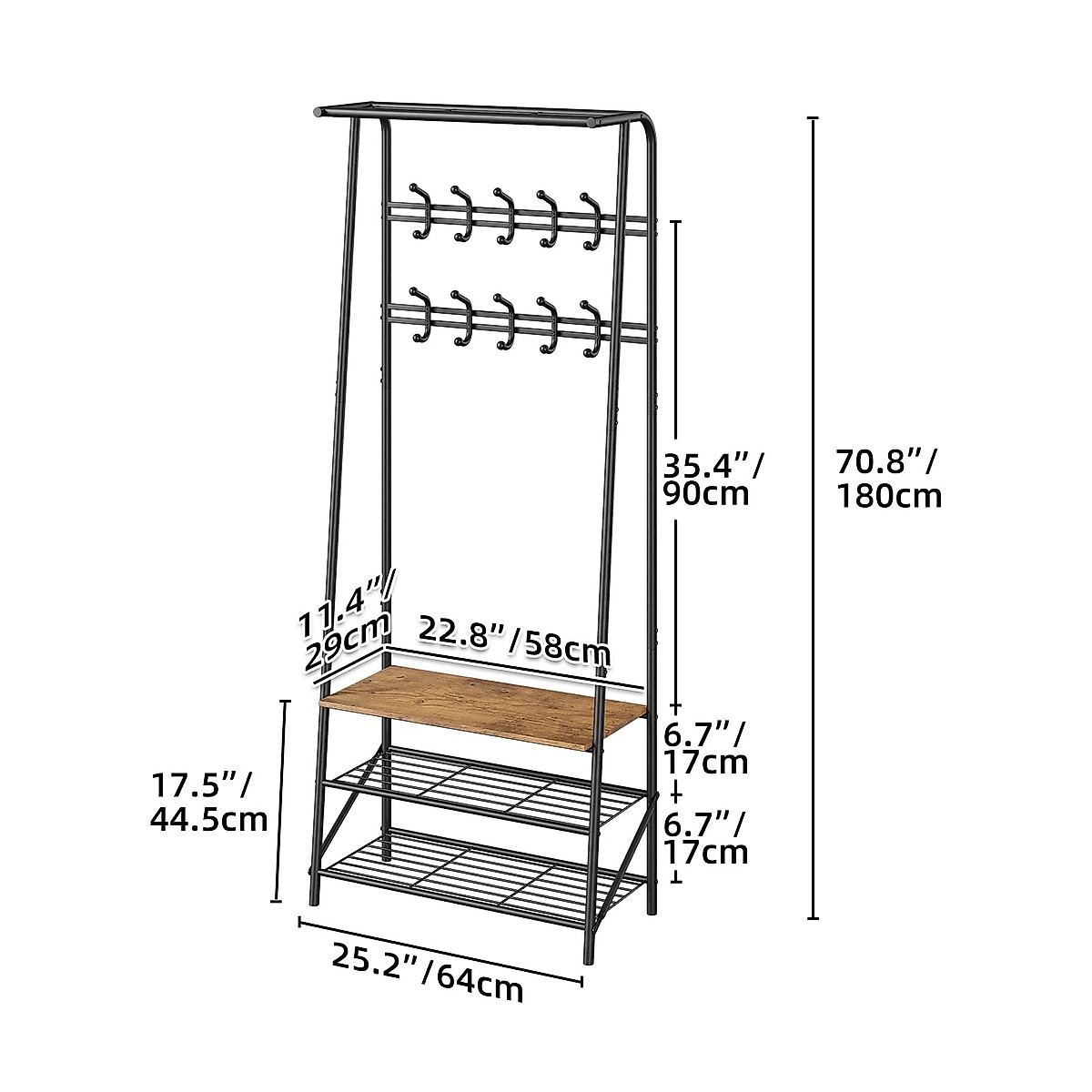 Coat Rack Shoe Bench with 10 Hooks, Hall Trees Entryway Bench with Storage, Multifunctional Hallway Organizer, Wood Look Accent Furniture with Metal Frame
