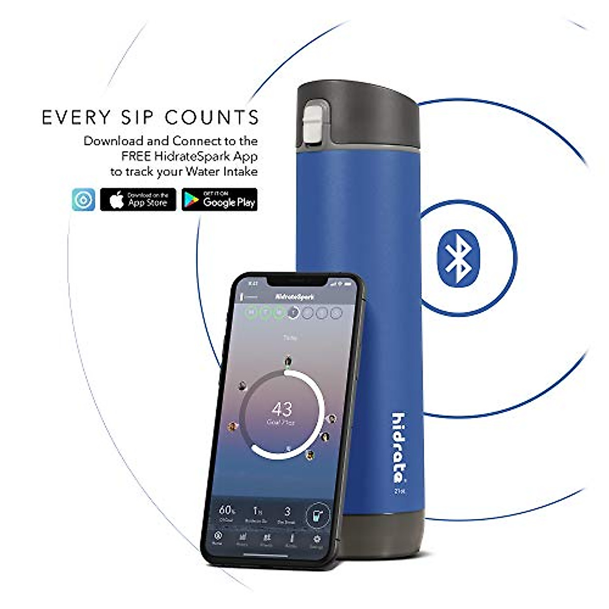 Hidrate Spark PRO Smart Water Bottle - Tracks Water Intake & Glows to Remind You to Stay Hydrated - Chug Lid, Steel, 21 oz, Deep Blue