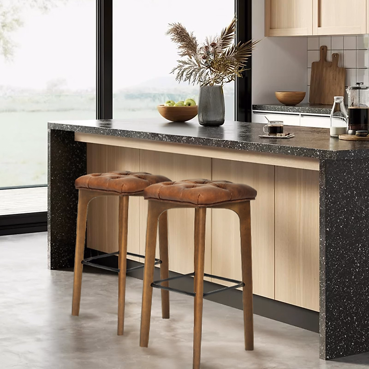 BarEasy Bar Height Stools, 2pcs Leather Wood Bar Stoolst for Kitchen Island(Brown) 1