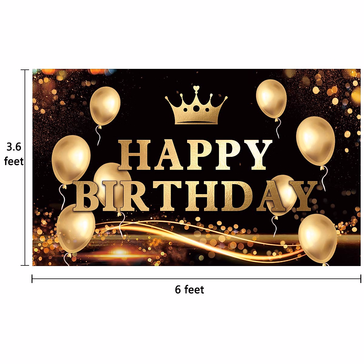 Ushinemi Happy Birthday Backdrop Banner with Gold Balloons Sign for Party Decorations, Large Birthday Party Decorations Photo Background, Black and Gold, 6 x 3.6 Feet