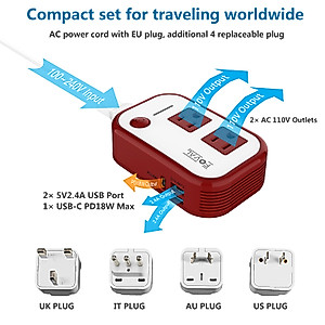 Travel Voltage Converter 220V to 110V-FOVAL Step Down Power Converter International Travel Adapter with USB-C Port 18W-[Outlet Converter US to Europe, Italy, UK, AU, Use for USA Appliance in Overseas]
