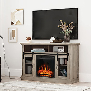 Electric Fireplace TV Stand for Living Room, Wood Entertainment Center Sliding Barn Door, Rustic Farmhouse Media Console with Open Shelves and Cabinets for TV up to 55"