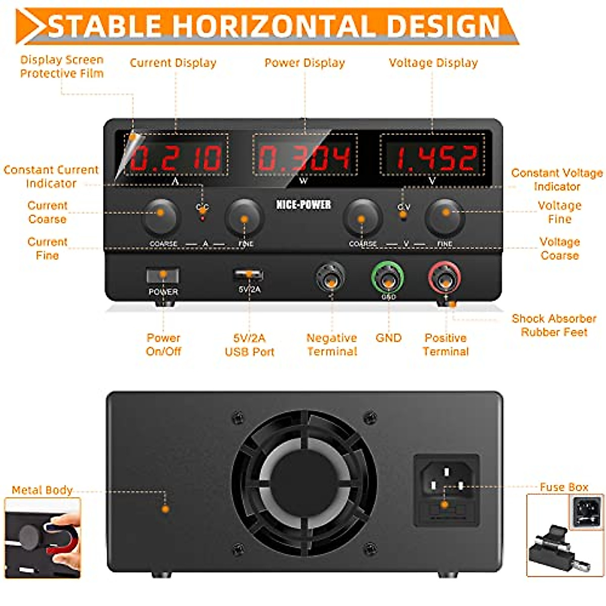 NICE-POWER DC Power Supply Variable: 30V 10A Adjustable Switching Regulated High Precision 4-Digits LED Display 5V/2A USB Port Output & Input Power Cord Bench Lab Power Supplies