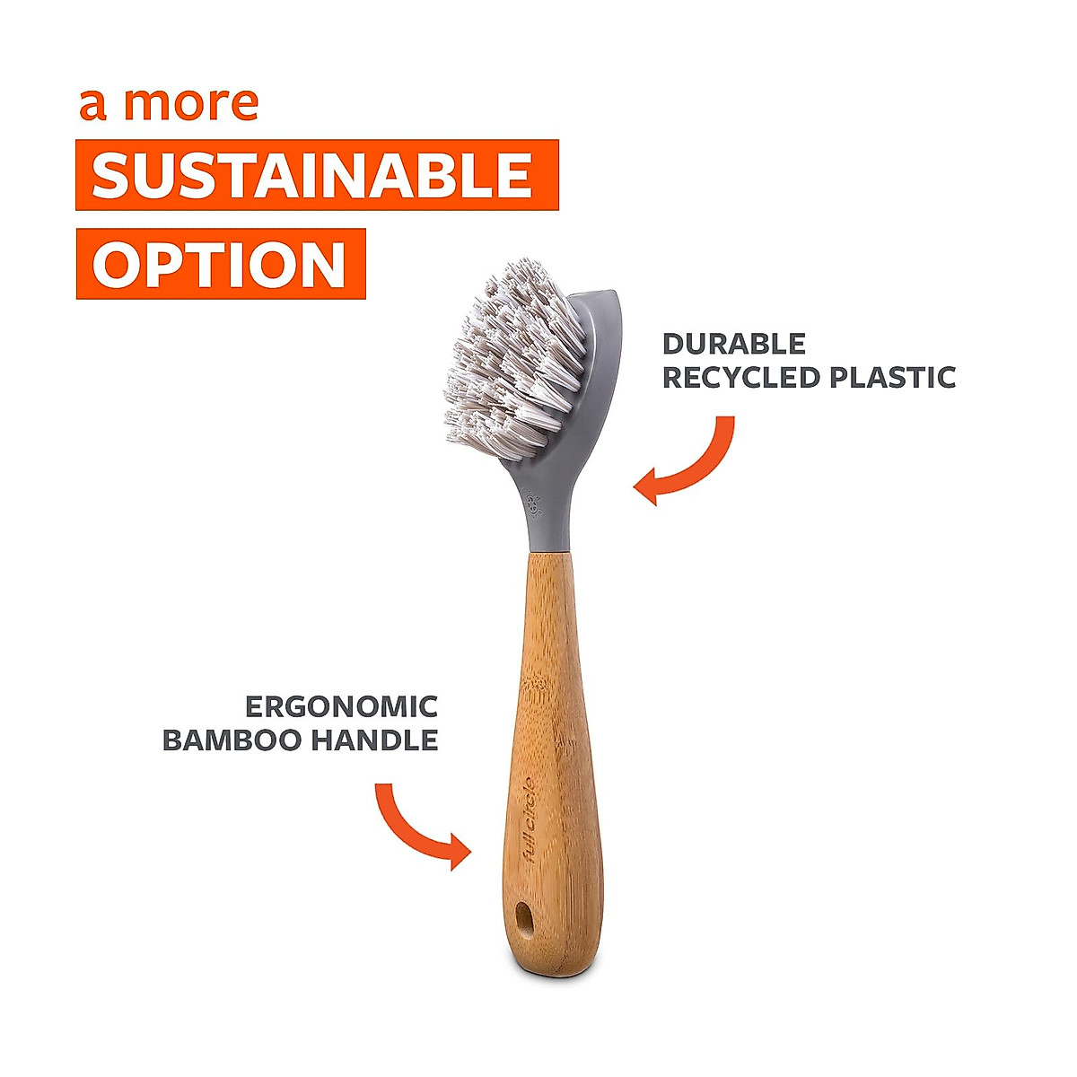 Full Circle Tenacious C Cast Iron Brush and Scraper with Bamboo Handle – Skillet Scrubber with Tough Nylon Bristles, Grey, One Size, Gray