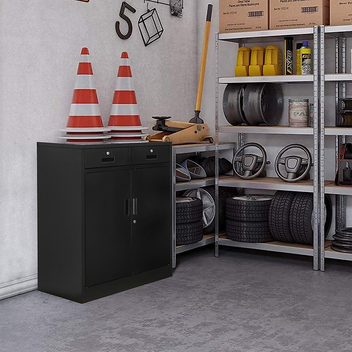 YEEZER Metal Storage Cabinet with 2 Drawers. Lockable Steel Storage Cabinet with Doors and Shelve, 37”H Office Cabinet for Home, Garage, Warehouse with Large Storage Space. (Black)