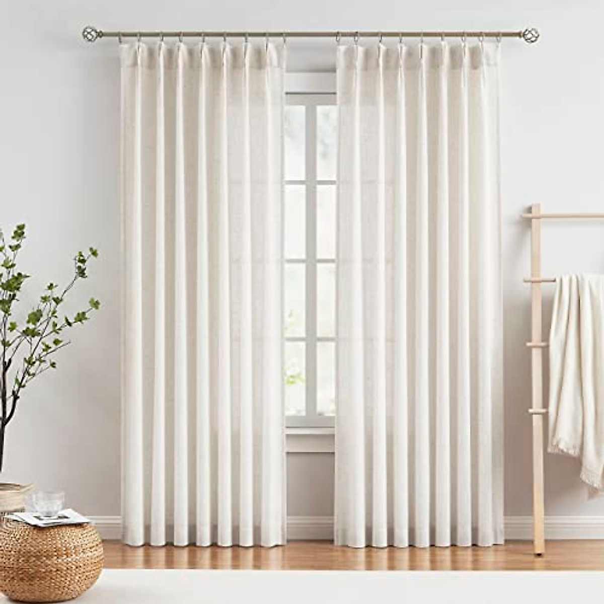 Vision Home Natural Pinch Pleated Semi Sheer Curtains Textured Linen Blended Light Filtering Window Curtains 108 inch for Living Room Bedroom Pinch Pleat Drapes with Hooks 2 Panels 42" Wx108 L